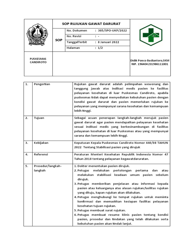 Contoh Sop Rujukan Gawat Darurat | PDF