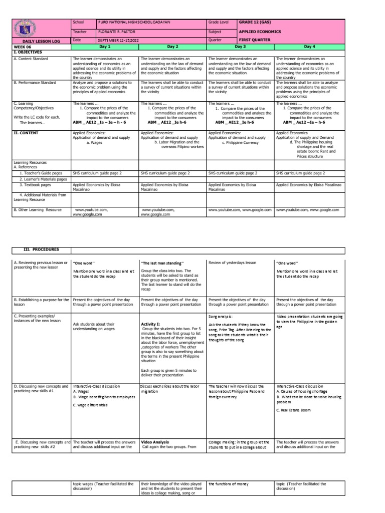 Grade 12 Applied Economics Lesson Plan | PDF