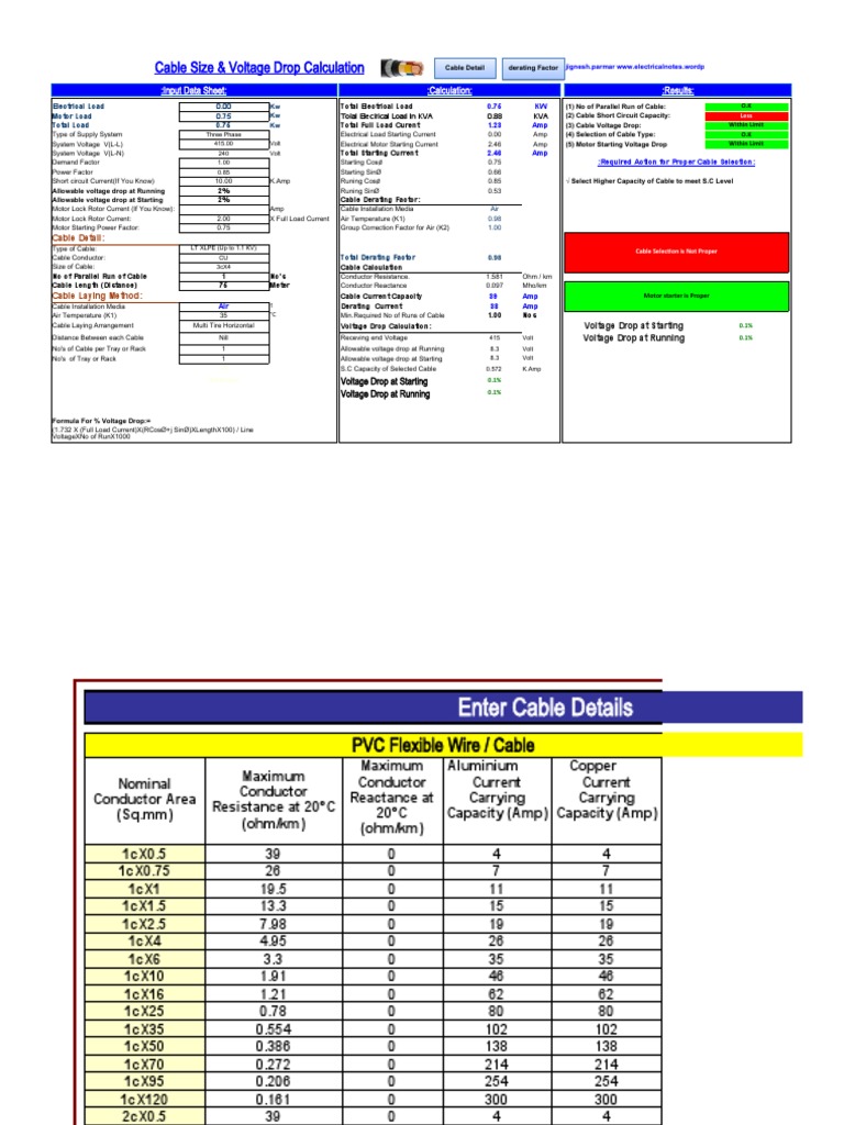 Cable Size - Voltage Drop Calculation (1.8.23) | PDF | Science ...