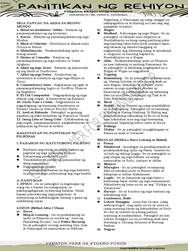 Handout - Panitikan NG Rehiyon - Filipino Majorship | PDF