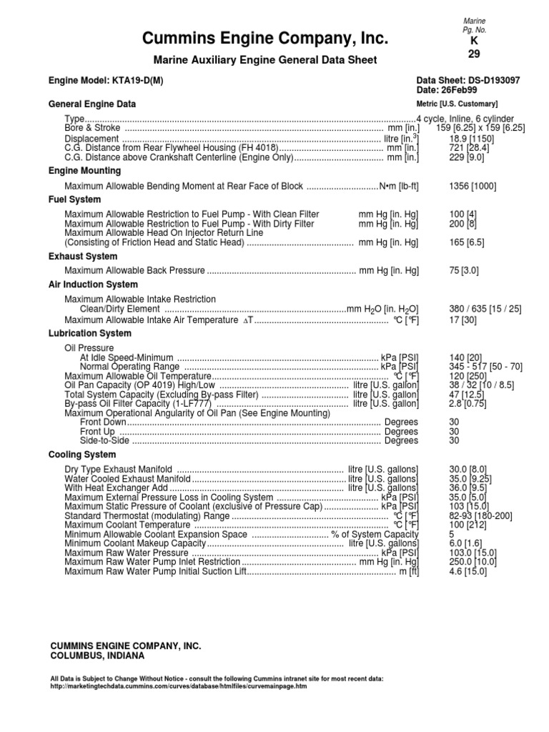 Cummins KTA19 Marine Engine Specifications | PDF | Engines | Systems ...