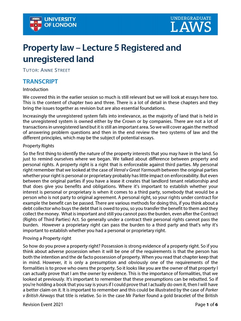 Transcript Property Law Lecture 5 Registered and Unregistered Land | PDF