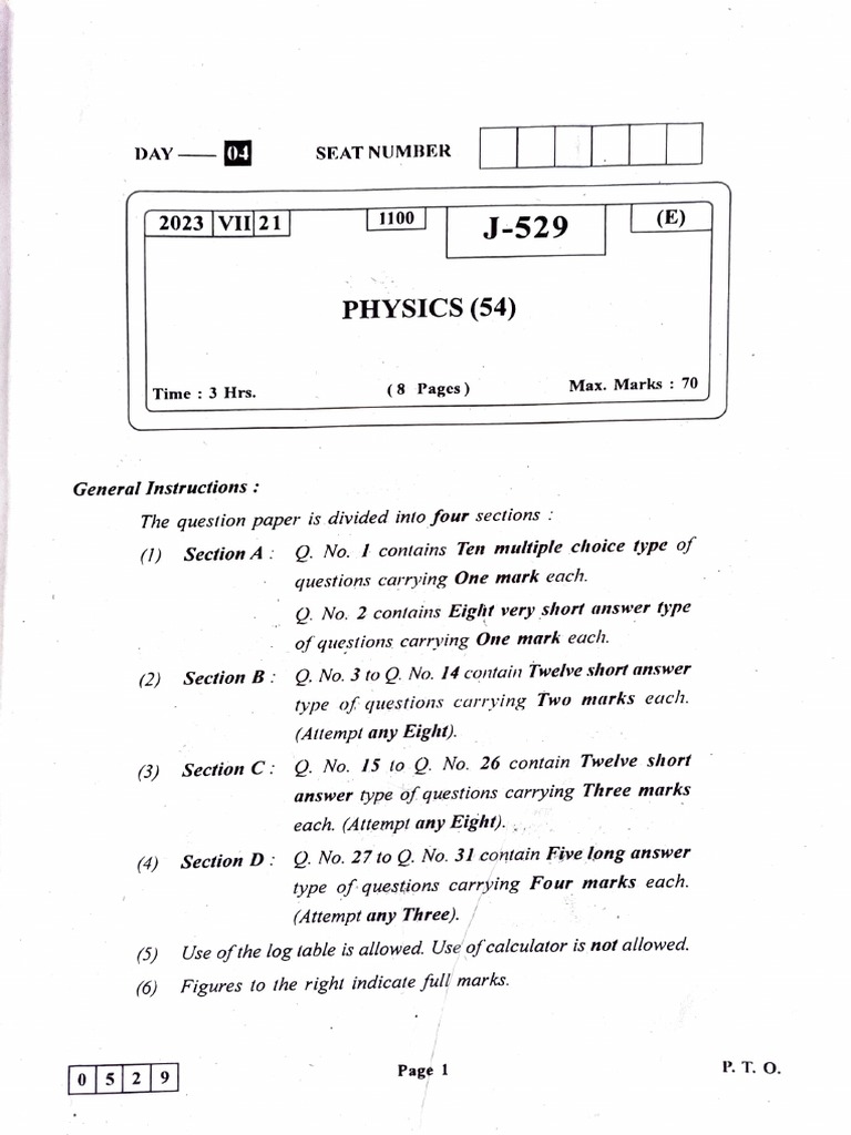12th Board Physics Paper July 21 2023 | PDF | Diffraction | Motion ...
