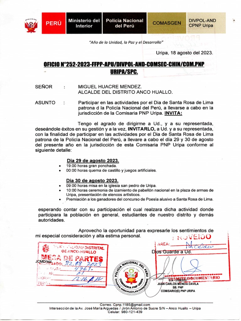 Oficio Nº252 - Comisaria PNP Uripa | PDF