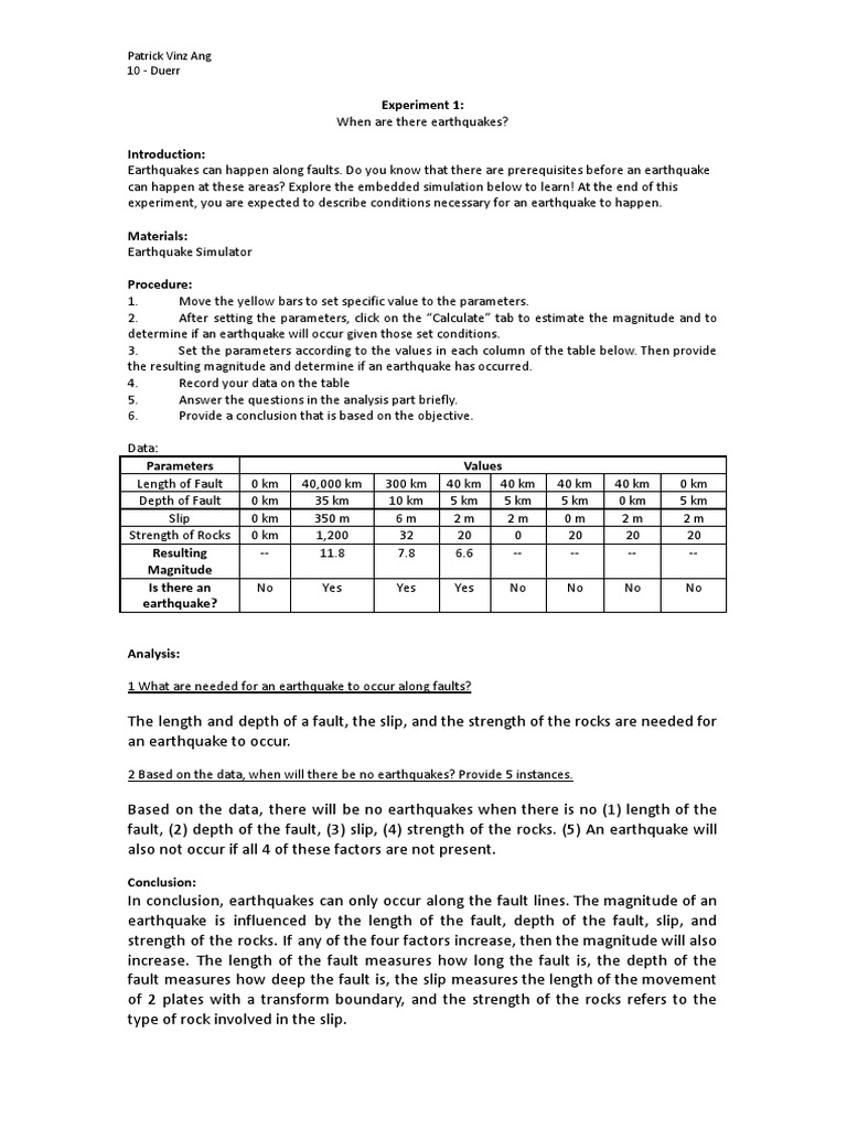 Activity 2 Simulating An Earthquake - Ang, P | PDF | Fault (Geology ...