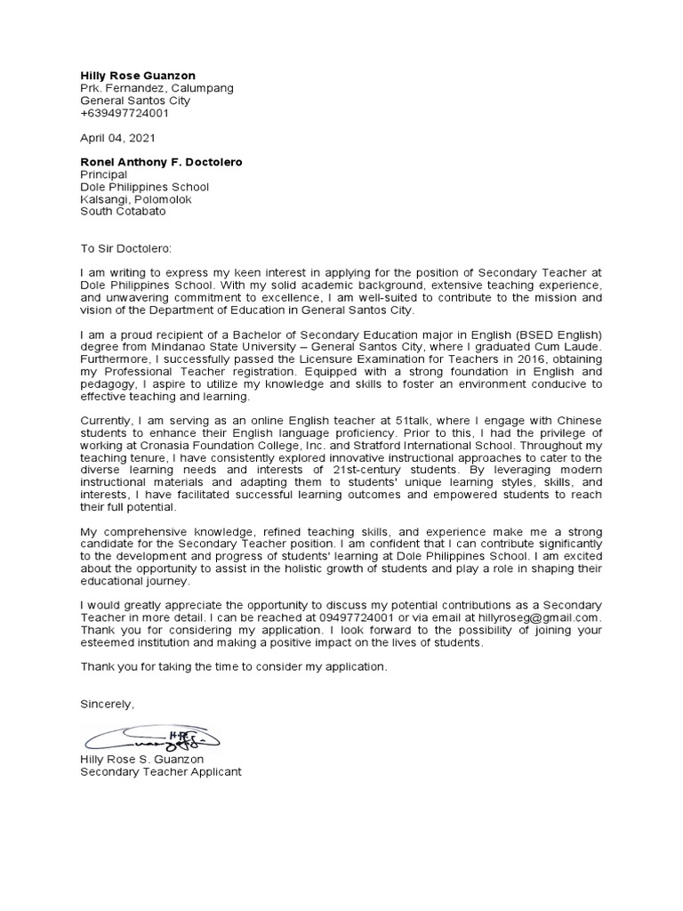 Sample Application Letter | Download Free PDF | Teachers | Learning