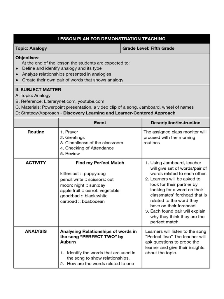 Eng 306 - Demonstration Teaching Analogy - Fifth Grade | PDF | Analogy ...