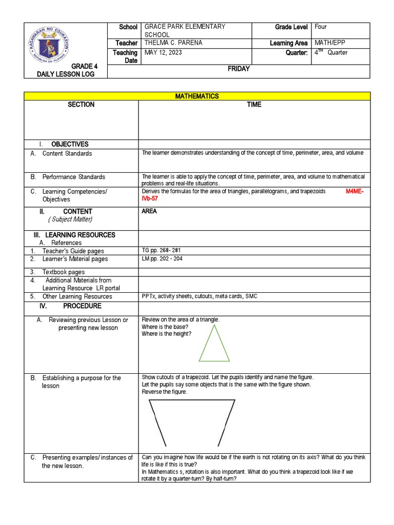 Math and Epp Lesson Plan | PDF | Area | Learning