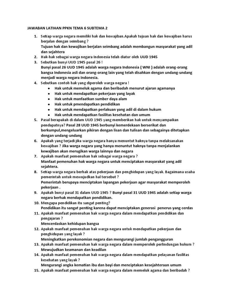 Jawaban Latihan PPKN Tema 6 Subtema 2 | PDF