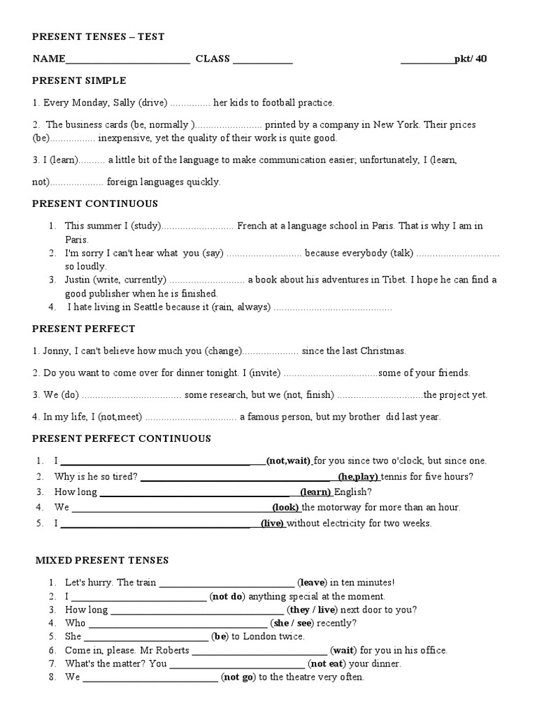 Present Tenses Test 1 | PDF