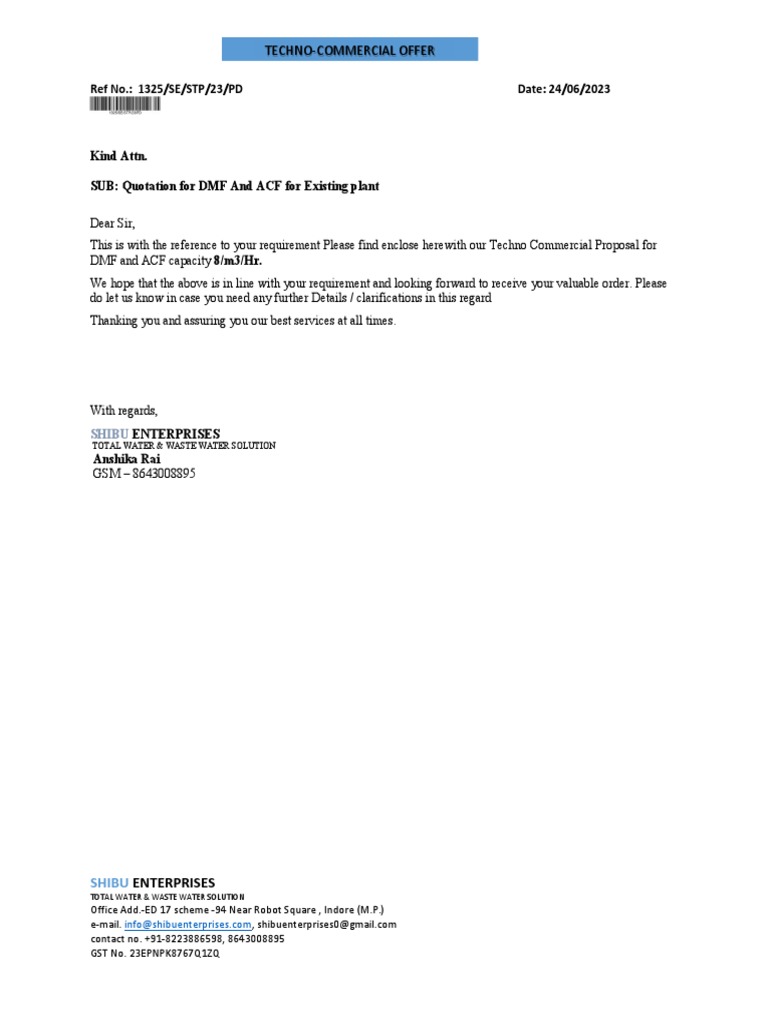 Techno-Commercial Proposal for DMF/ACF | PDF