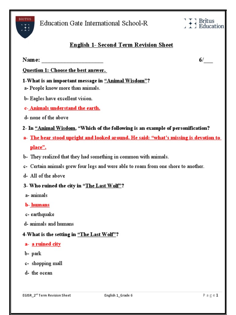Gr.6 English 1 Revision Second Term Answer Key | PDF