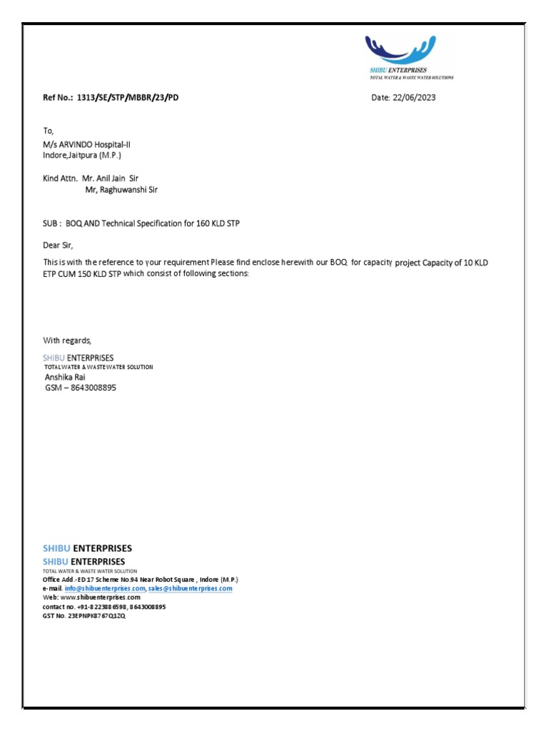 Boq For 160 KLD Arvindo Hospital, Jaitpura, Shibu Enterprises. | PDF ...