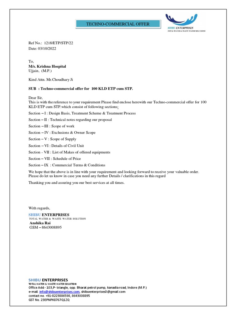 Techno-Commercial Offer .For Krishna Hospital Cpacity of 100 KLD ETP ...