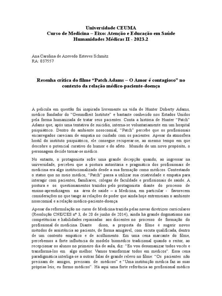 Resenha crítica - Patch Adams | PDF | Remédio