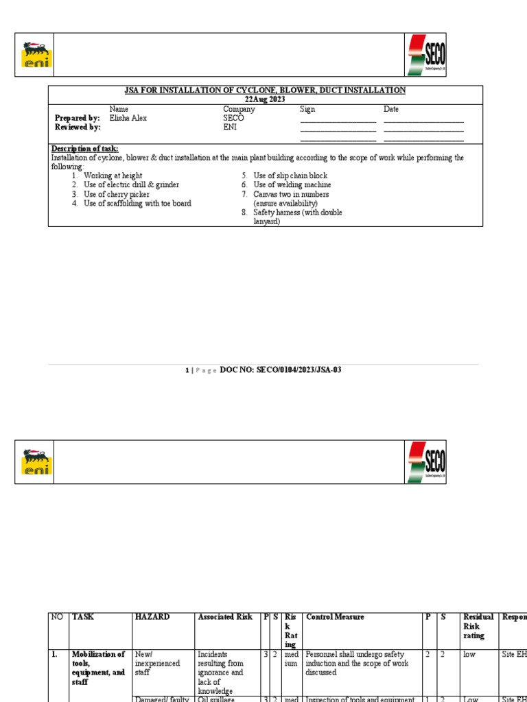 Jsa For Installation of Cyclone Rev 4 | PDF | Safety | Occupational ... Jsa For Installation of Cyclone Rev 4 | PDF | Safety | Occupational ...