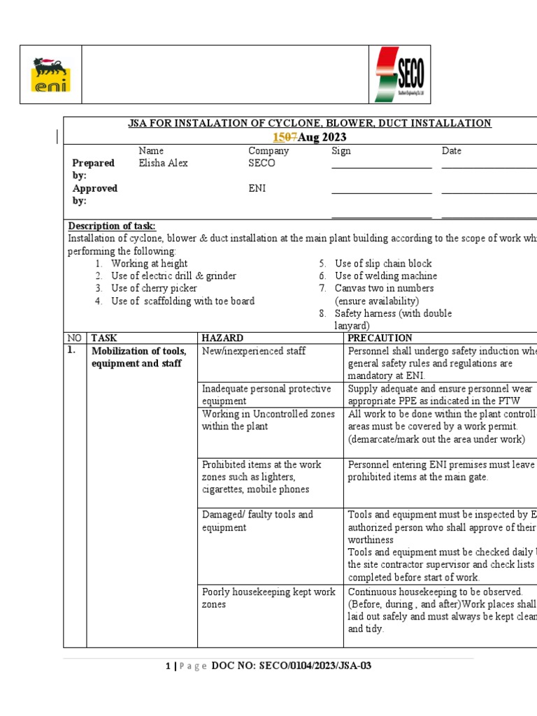 JSA For Blower Cyclone and Duct Installation - Revision 004 | PDF ...