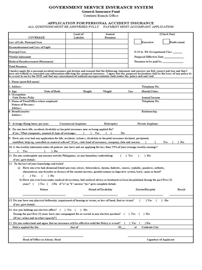 GSIS Personal Accident Insurance Application | PDF | Insurance