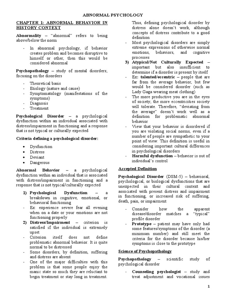 Abnormal Psychology Summary (Chapter 1 - 2) | PDF | Psychoanalysis | Id