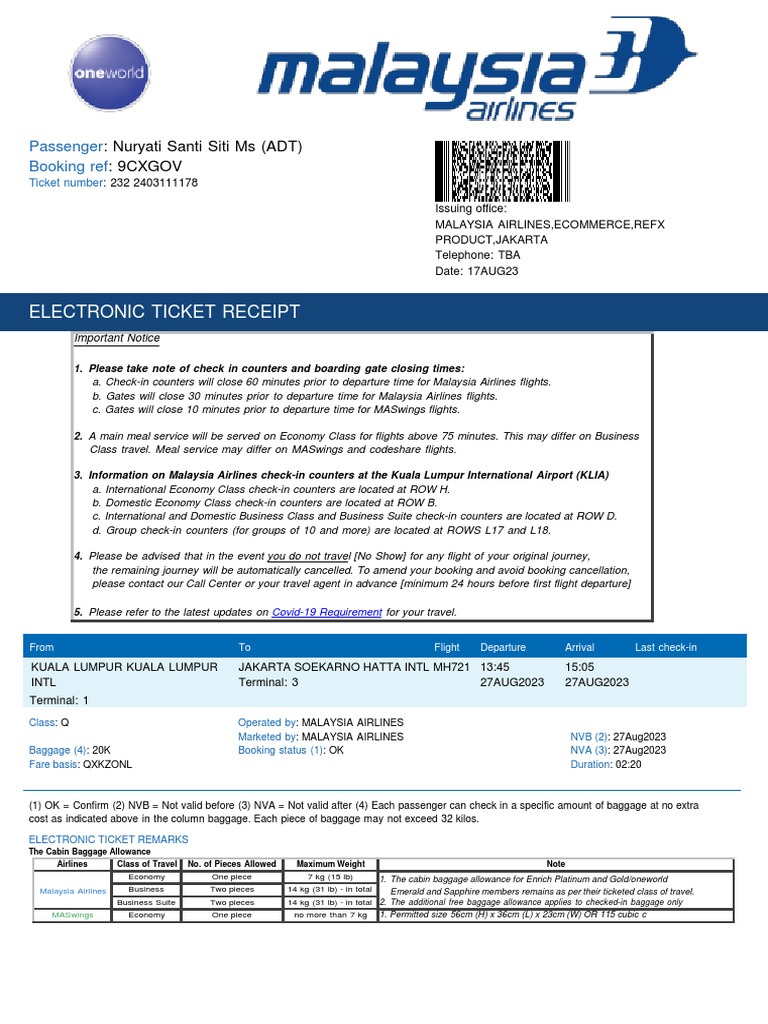 Malaysia Airlines Ticket and Check-in Info | PDF | Aviation | Transport