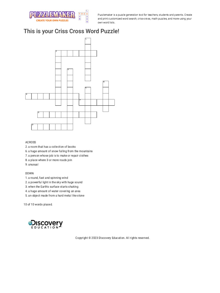 Criss Cross Puzzle - Discovery Education Puzzlemaker | PDF