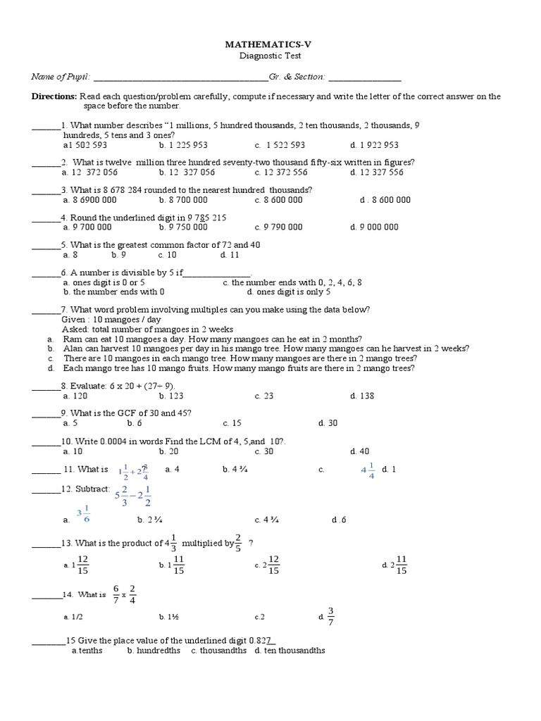 Diagnostic Test All Subjects - Docx Version 1 | PDF | Moon | Physical ...
