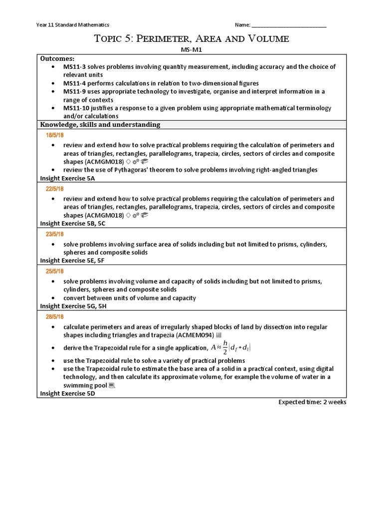 Topic 5 - Perimeter, Area, and Volume | PDF