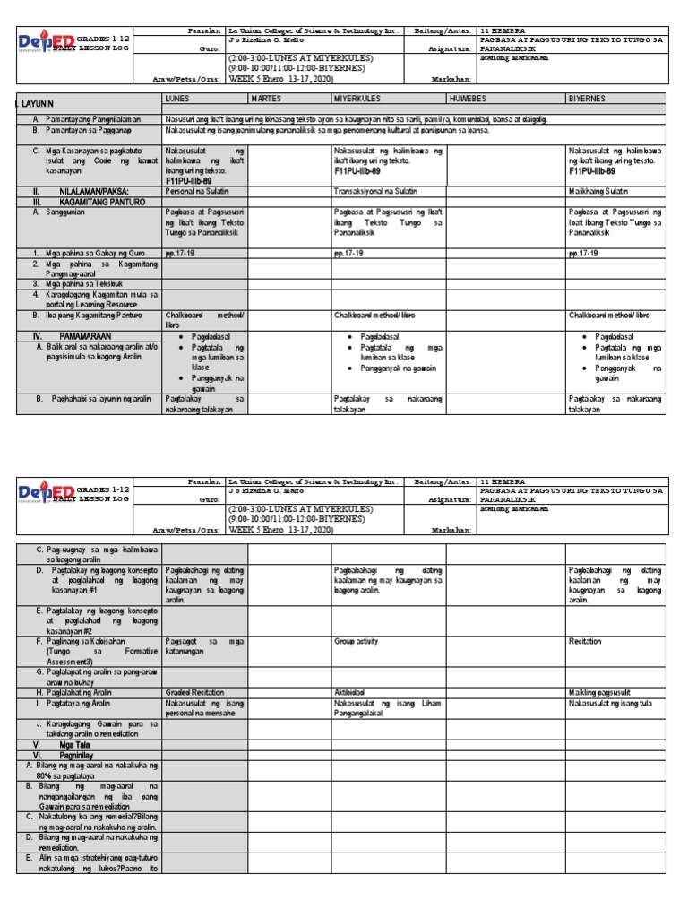 DLL Pagbasa Week 5 | PDF