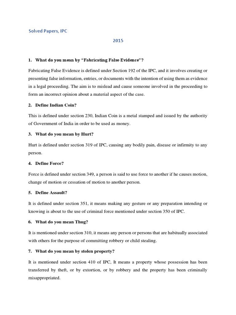 IPC SOLVED PAPERS 8th Sem | PDF | Defamation | Robbery