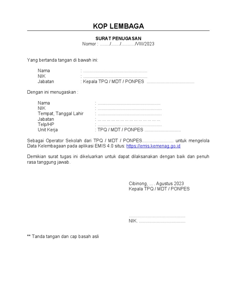 Contoh Surat Tugas Operator EMIS 4.0 | PDF