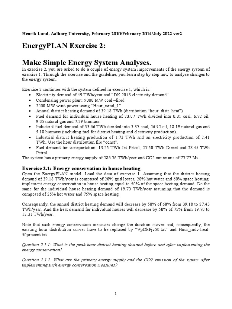 EnergyPLANExercise2 2022 Ver2 | PDF | District Heating | Cogeneration