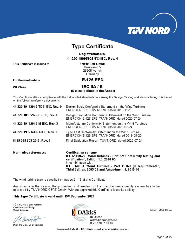 ENERCON E-126 EP3 Type Certificate | PDF