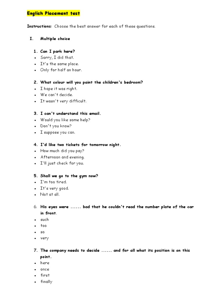 English Placement Test Instructions | PDF