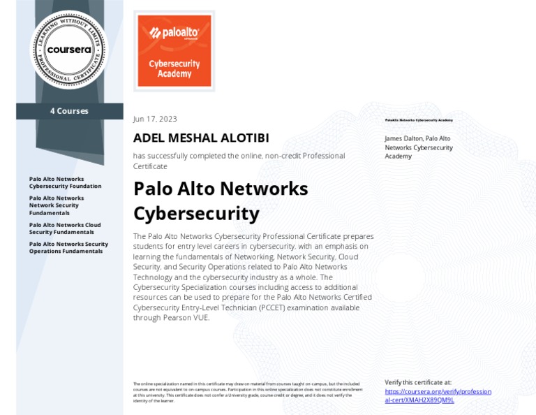 Palo Alto Networks Cybersecurity Certificate For ADEL ALOTIBI 775374 | PDF | Computer Security ...