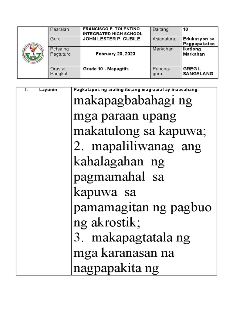 W-2 D-1 DLP Ang Pagmamahal Sa Diyos Ay Pagmamahal Sa Kapwa | PDF