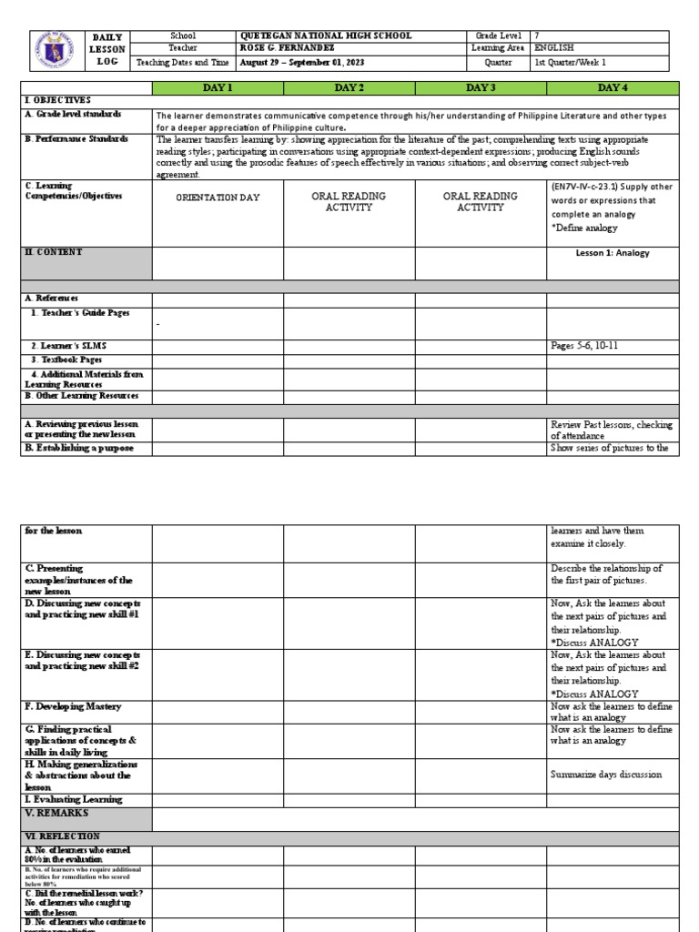 Grade 7 English DLL Reflection | PDF | Learning | Analogy