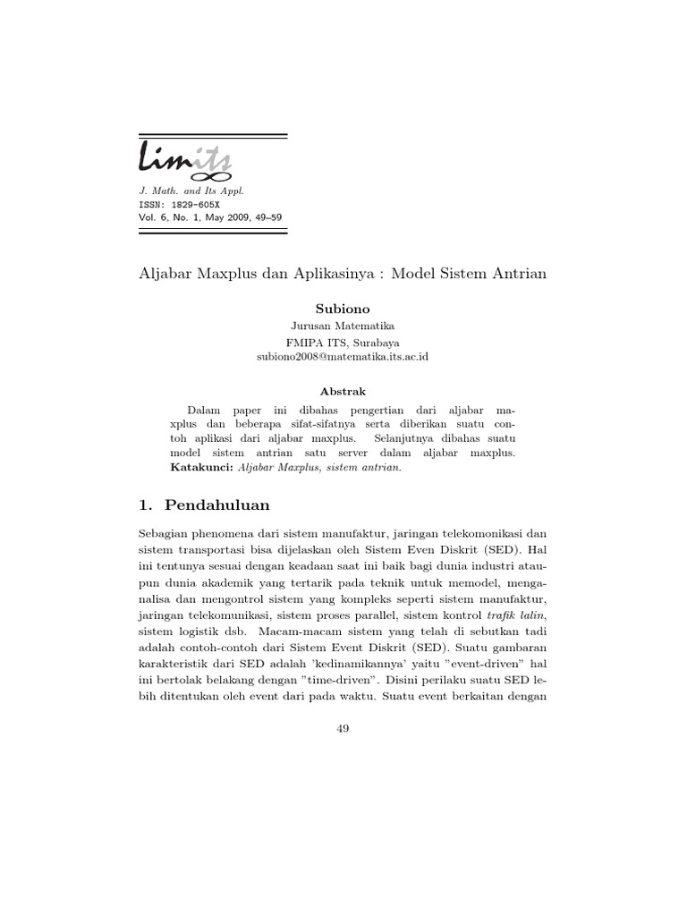 Aljabar Maxplus Dan Aplikasinya Model Si 08d0eb72 | PDF