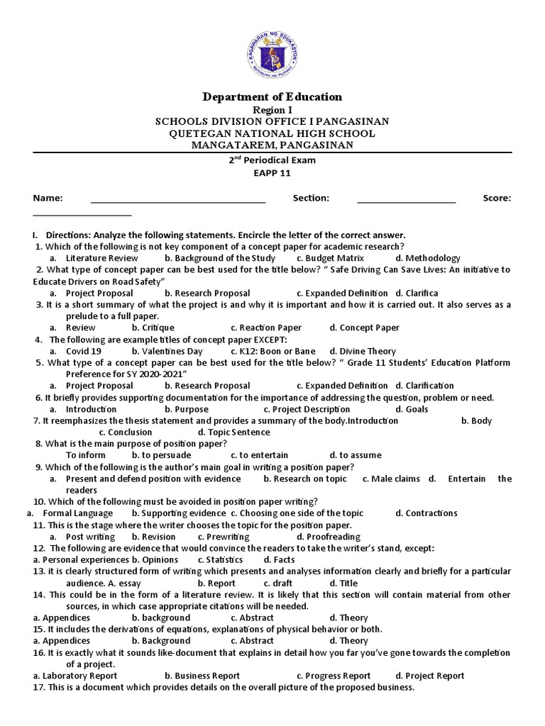 EAPP Grade 11 2nd Quarter Exam Reviewer | PDF | Theory | Pie Chart