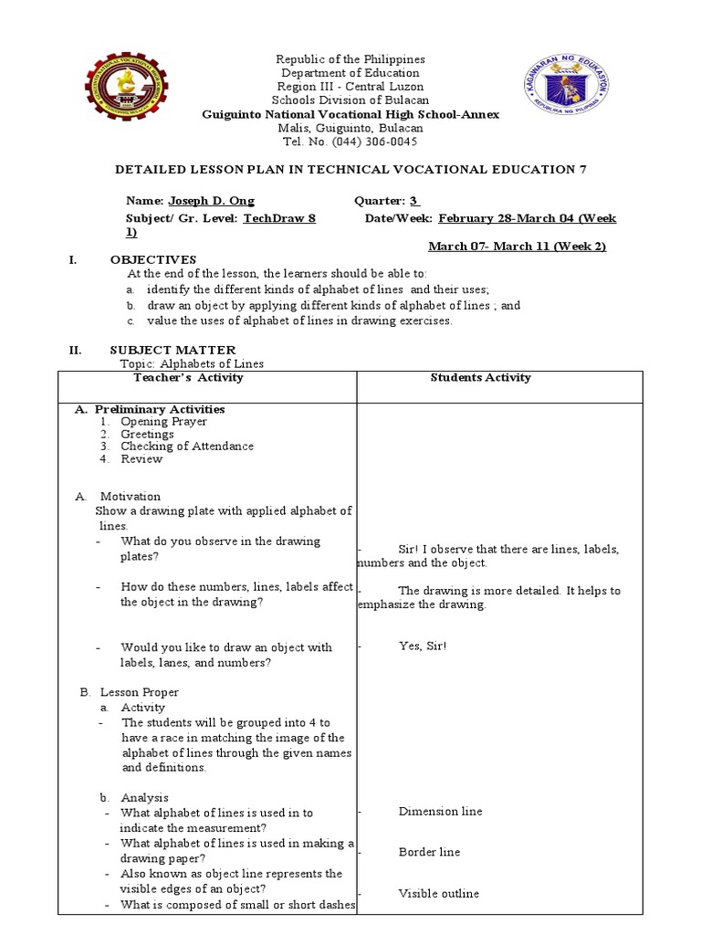 Lesson Plan Alphabets of Lines Q3 Week 1 and 2 | PDF | Drawing | Learning