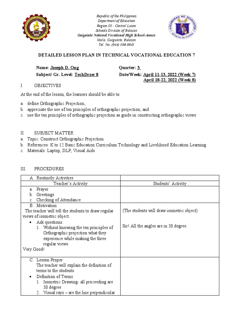 Lesson_Plan_in_Orthographic projection Q3 week 6 and 7 | PDF | Geometry