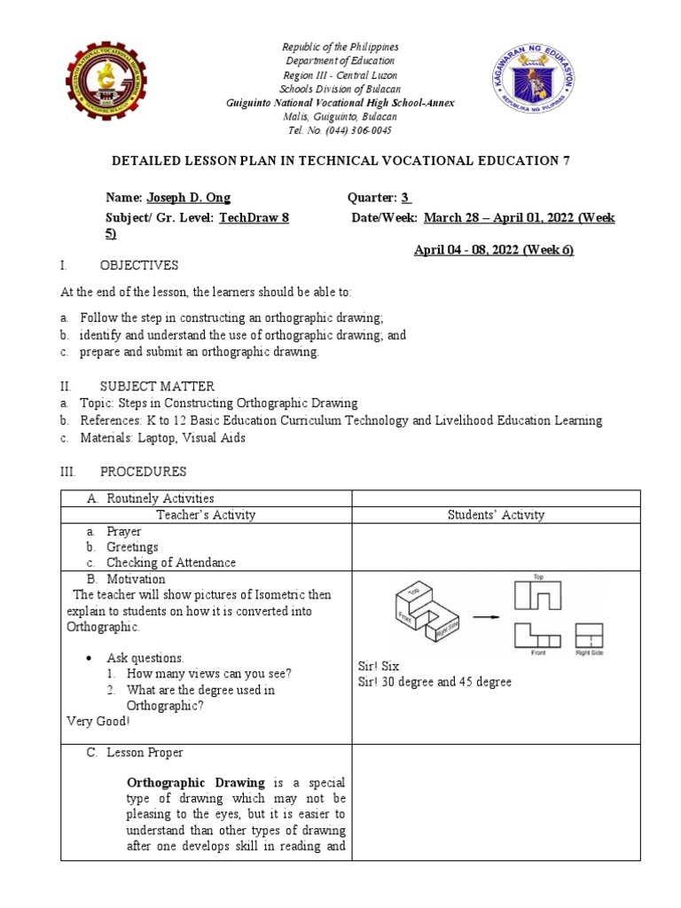 Orthographic Drawing Lesson Plan | PDF | Cognition | Learning
