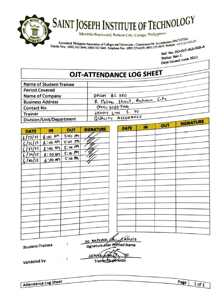 Ojt Attendance Log Sheet | PDF