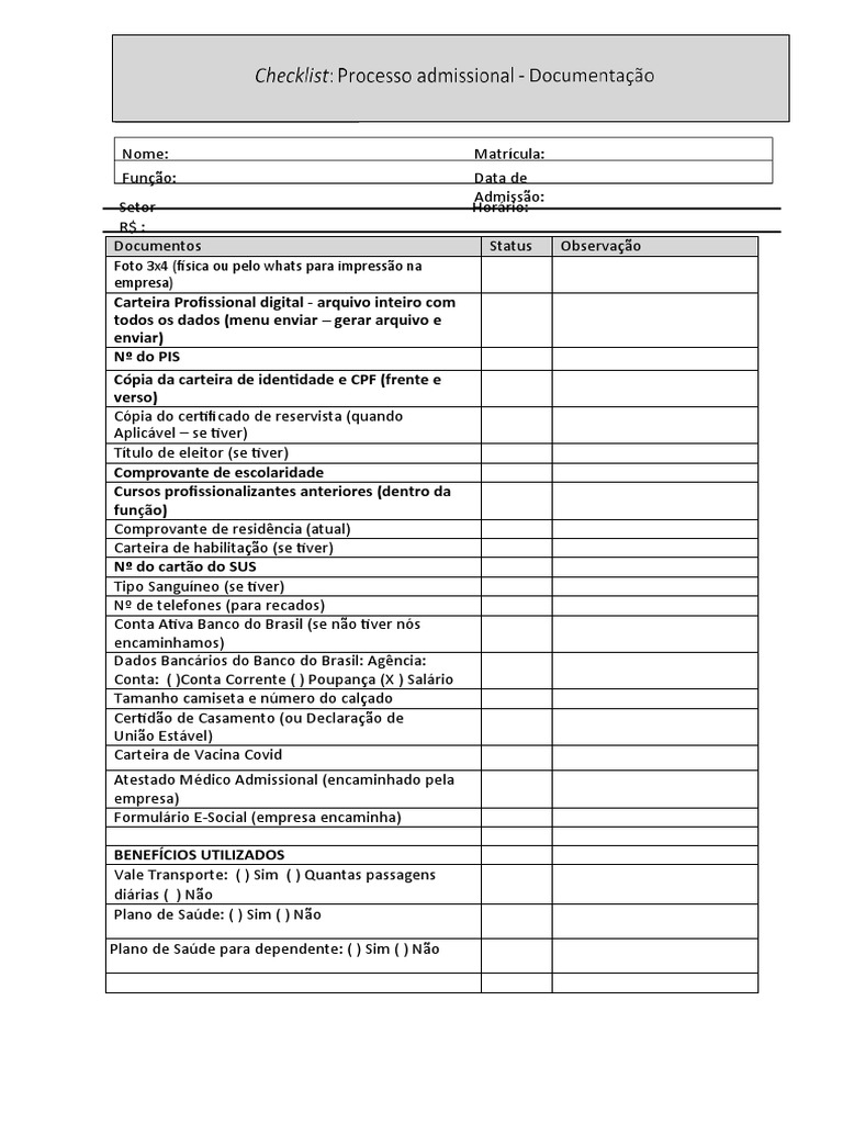Checklist Processo Admissional | PDF