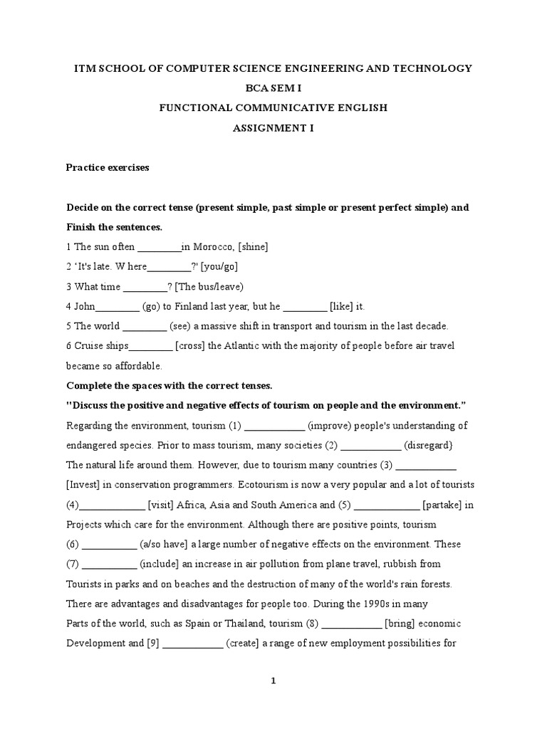 BCA English Assignment: Tense Exercises | PDF | Tourism | Verb