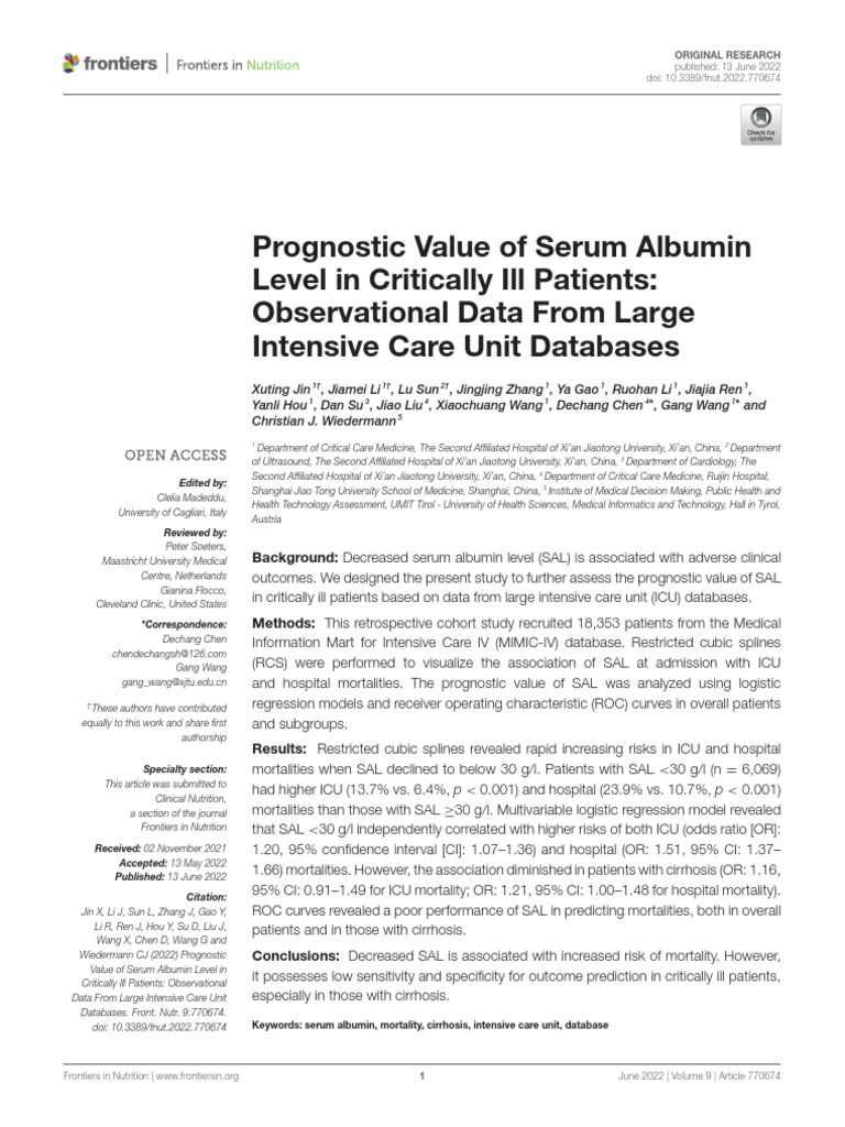 Xuting 2022 Prognostic Value of Serum Albumin Level in Critically Ill ... Xuting 2022 Prognostic Value of Serum Albumin Level in Critically Ill ...