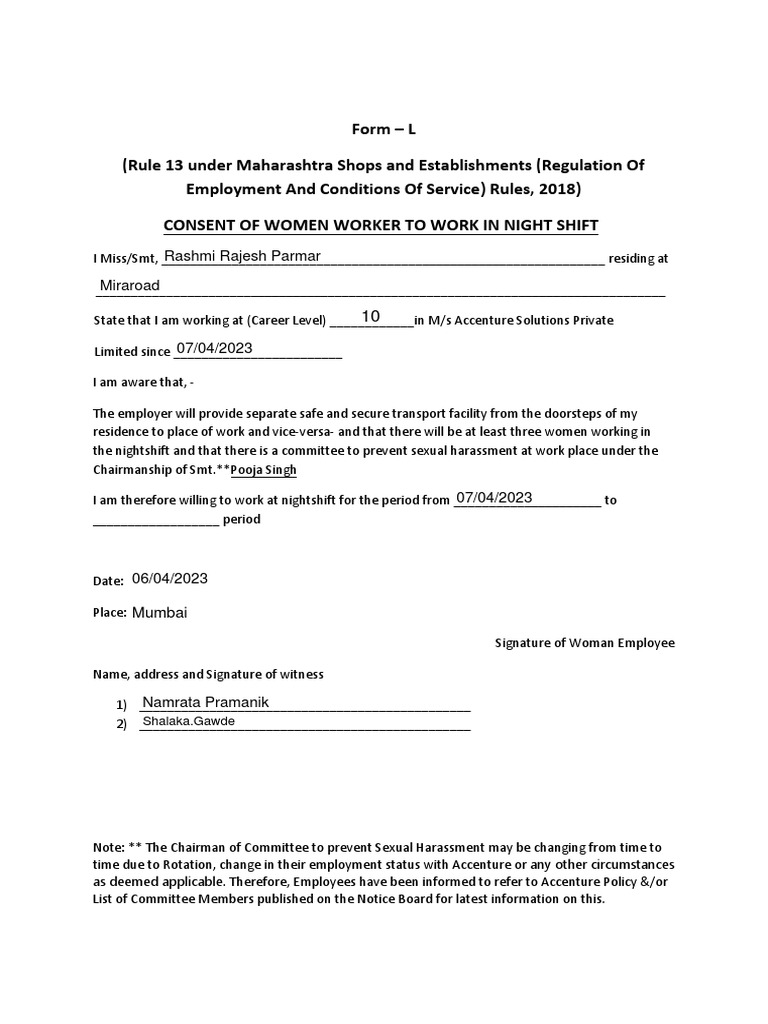 Women Consent Letter for Working in Night Shift | PDF