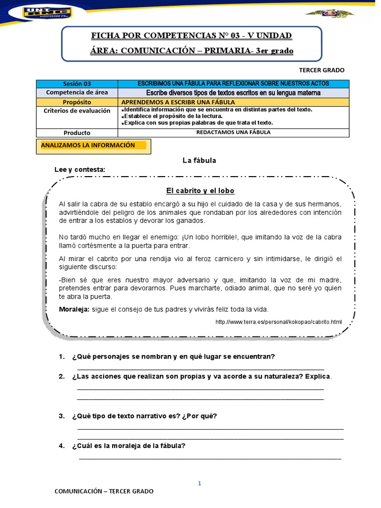Ficha 3 La Fábula 3ro 2023 | PDF | Fábula