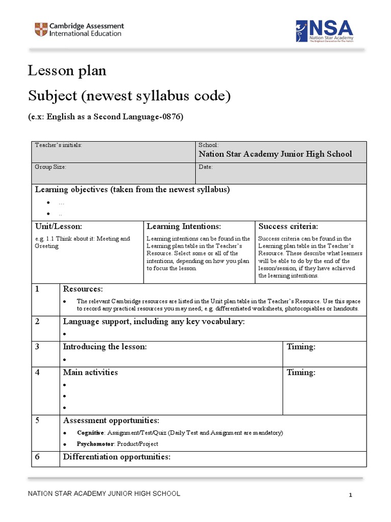 Cambridge Lesson Plan Template Nsa JHS - Newest | PDF | Lesson Plan | Teachers
