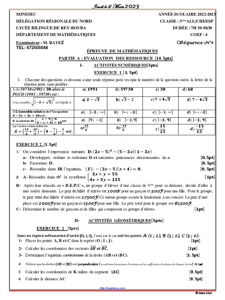Épreuve de Maths 3ème BEPC 2023 | PDF | Méthodes et références pédagogiques