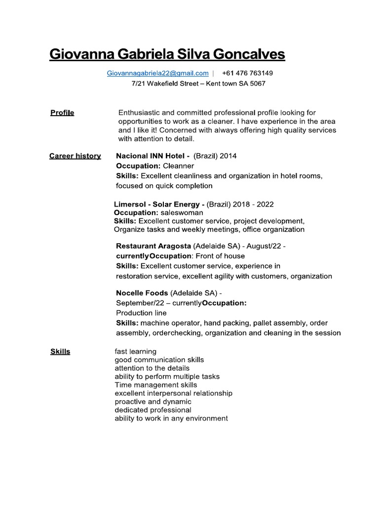 Resume Giovanna Gabriela - Cleanner | PDF
